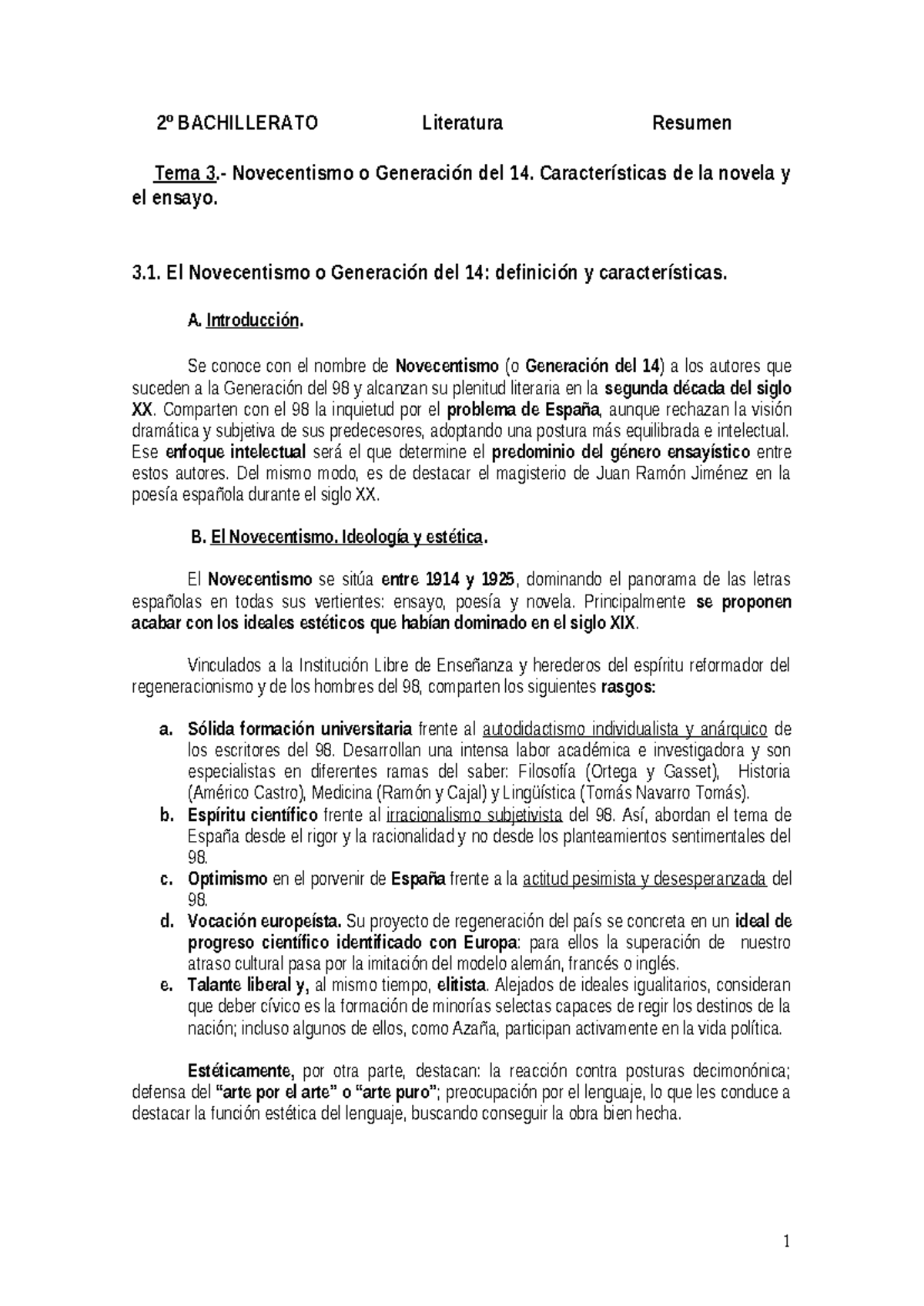 T3. Novecentismo: Resumen y Características de la Generación del 14 ...