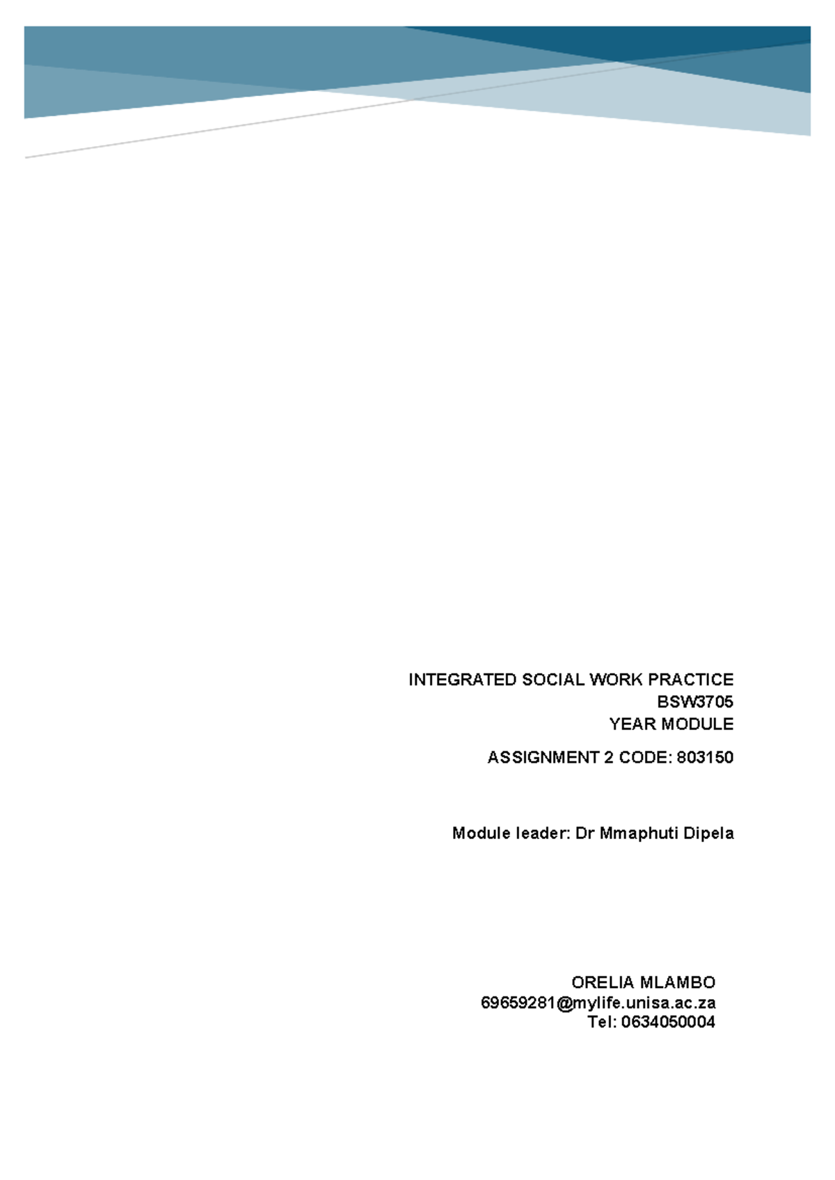 BSW3705 Integrated Social Work Practice Assignment 2 Analysis - Studocu