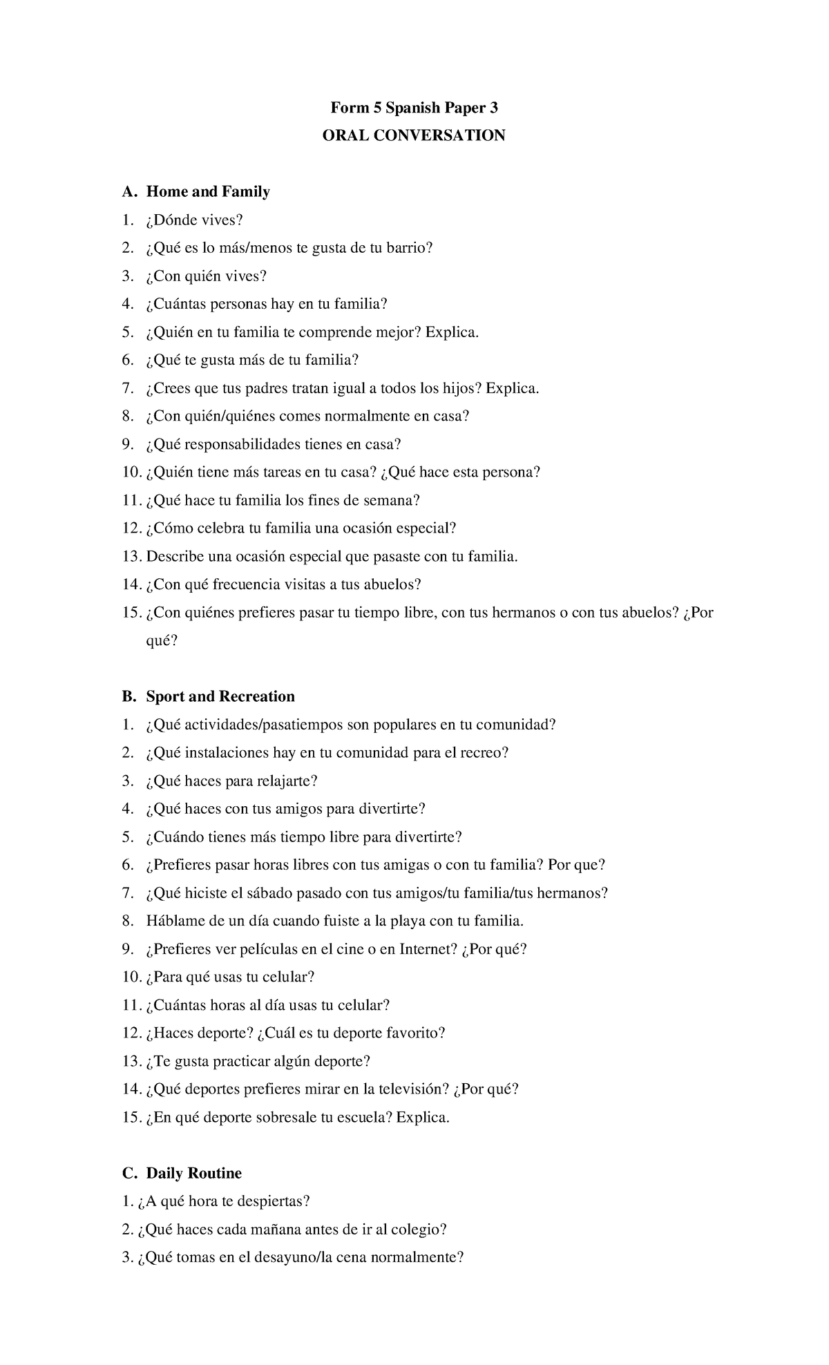 Spanish Paper 3 oral conversation questions for Form 5 students - Studocu