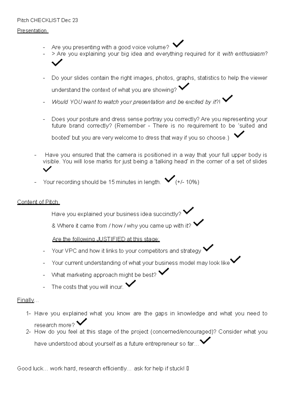 Pitch Presentation Checklist - Dec 23 - Studocu