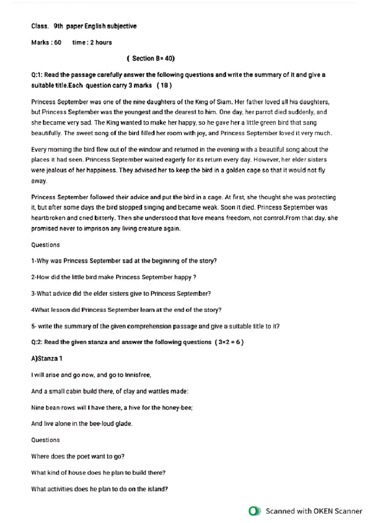 9th Class English Subjective Paper: Summary & Analysis - Studocu