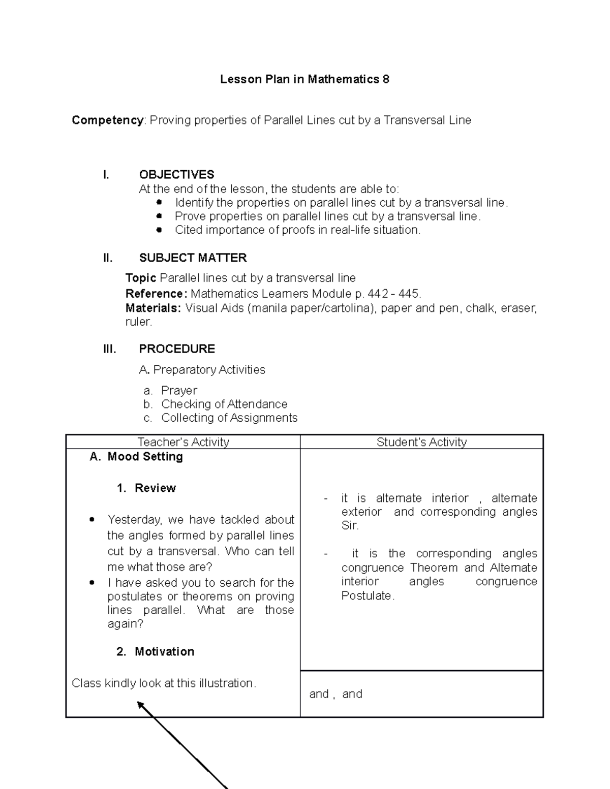Lesson Plan in Parallel lines cut by a transversal line - Lesson Plan ...