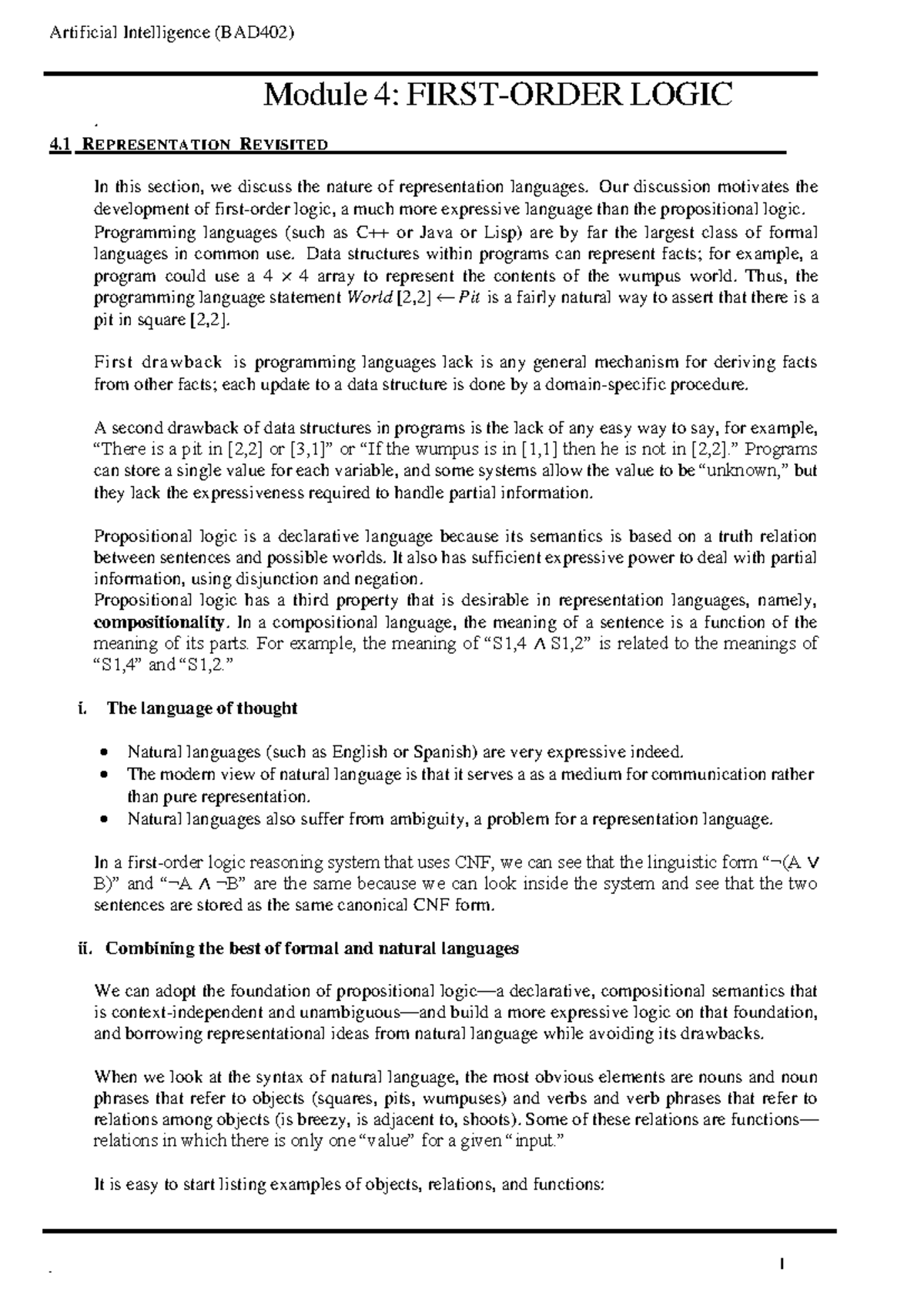 Artificial Intelligence (BAD402) Module 4: Logic Representation Notes ...