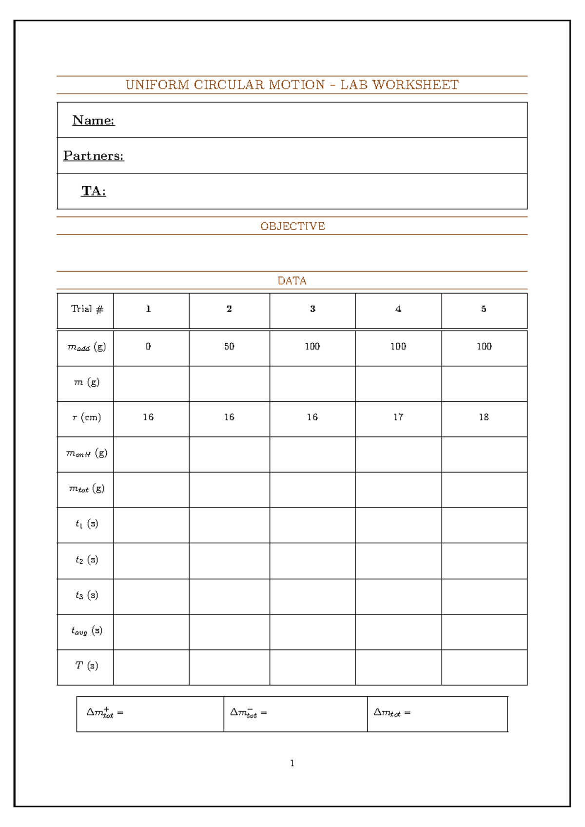 PHY122 Uniform Circular Motion Lab Worksheet - Studocu