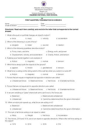 TOS 1ST Quarter Science 8 - Republic of the Philippines Department of ...