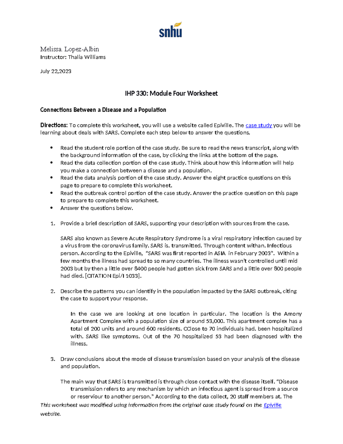 IHP 330: Module Four Worksheet on SARS and Population Connections - Studocu