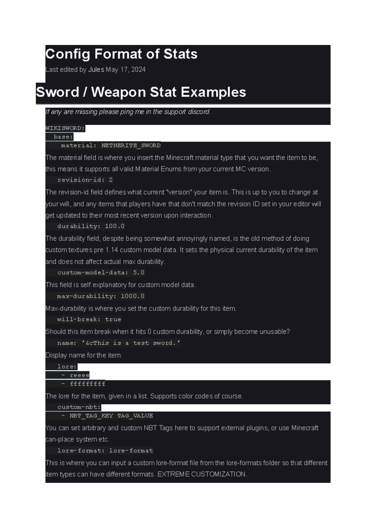 Config Format of Stats for Minecraft Items - WIKISWORD Guide - Studocu