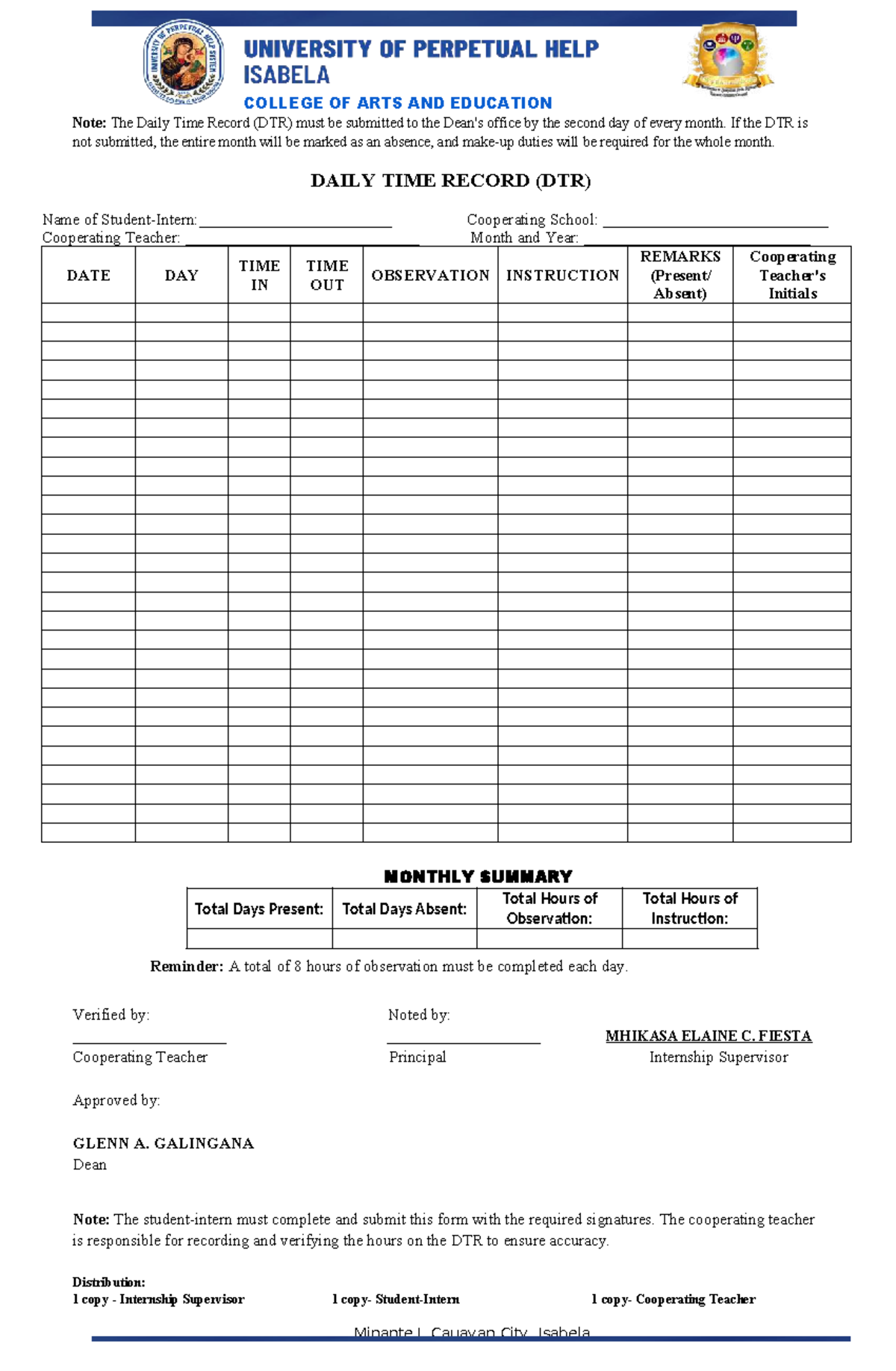 DTR Submission Guidelines for Internship - COLLEGE OF ARTS AND ...