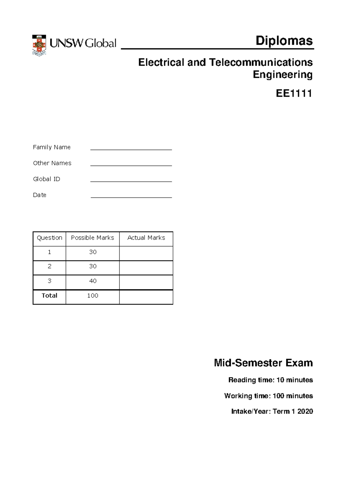 EE1111 Midterm Exam: Electrical & Telecommunications Engineering - Studocu