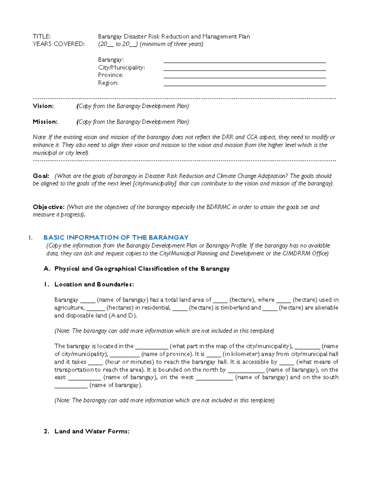 Barangay Disaster Risk Reduction And Management Plan Template Studocu