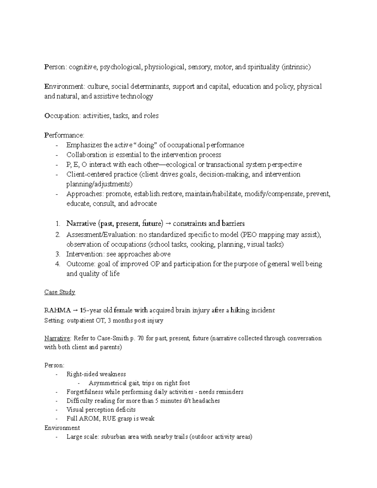 PEOP Model Overview & Case Study Application: Pediatric Focus - Studocu