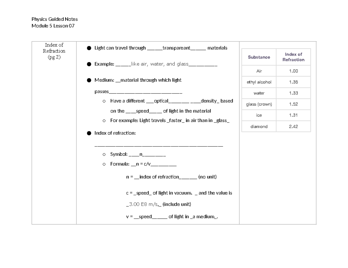 Copy of Guided Notes V22 M5L07 - Module 5 Lesson 07 Index of Refraction ...