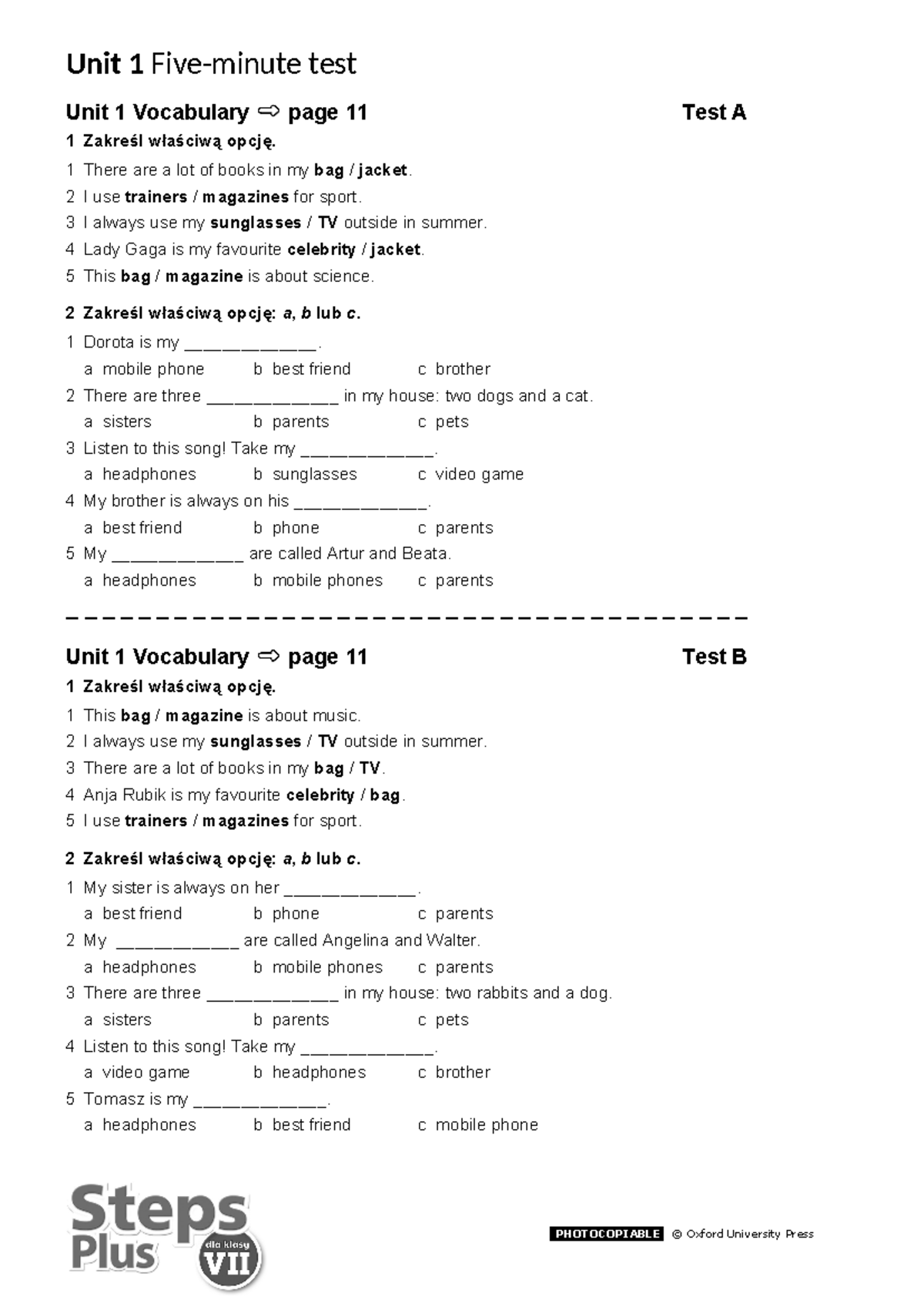 Steps Plus VII Unit 1 Five-Minute Test: Vocabulary & Grammar - Studocu