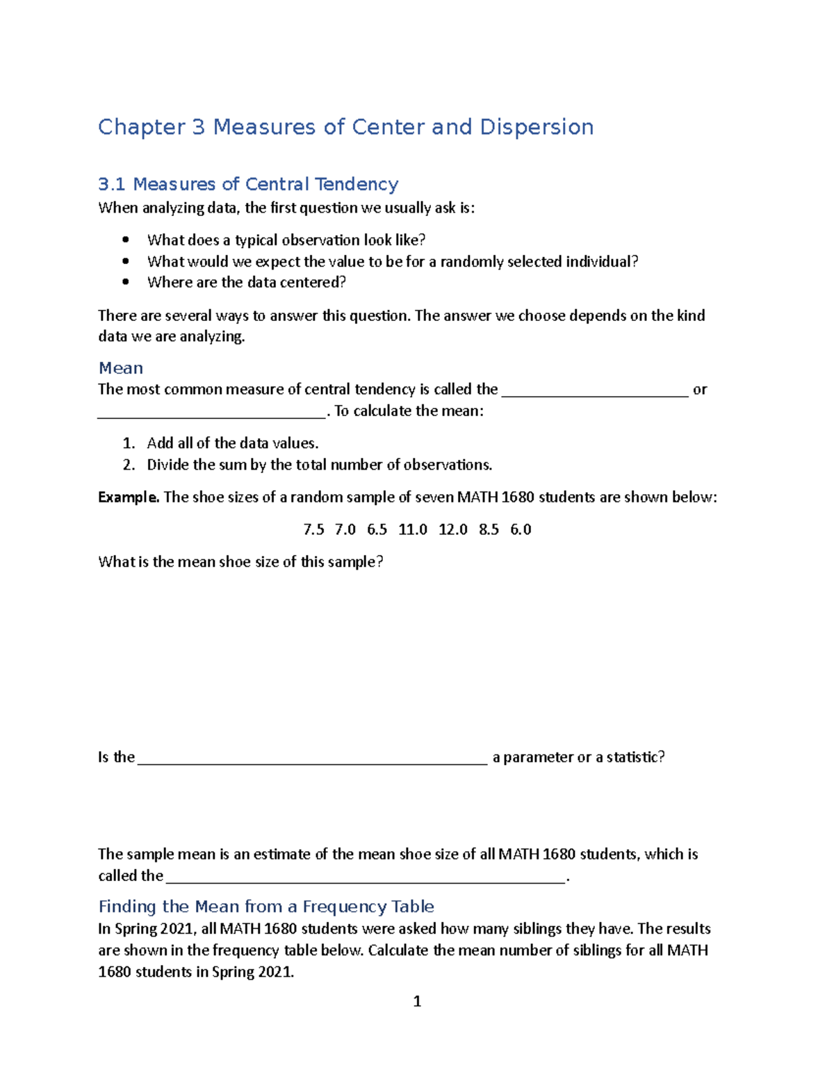 MATH 1680 Chapter 3 Notes: Analyzing Measures of Center and Dispersion ...