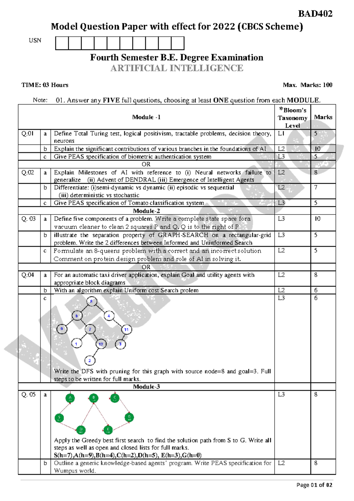 BAD402 Model Question Paper Set 1 - AI Exam 2022 (CBCS) - Studocu