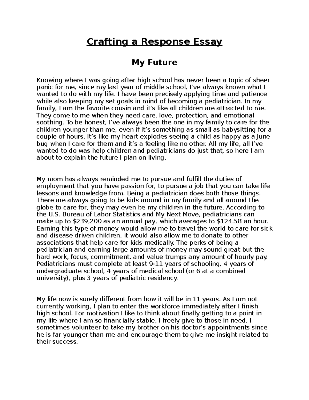 Crafting a Response Essay: My Future as a Pediatrician (ENG 4) - Studocu