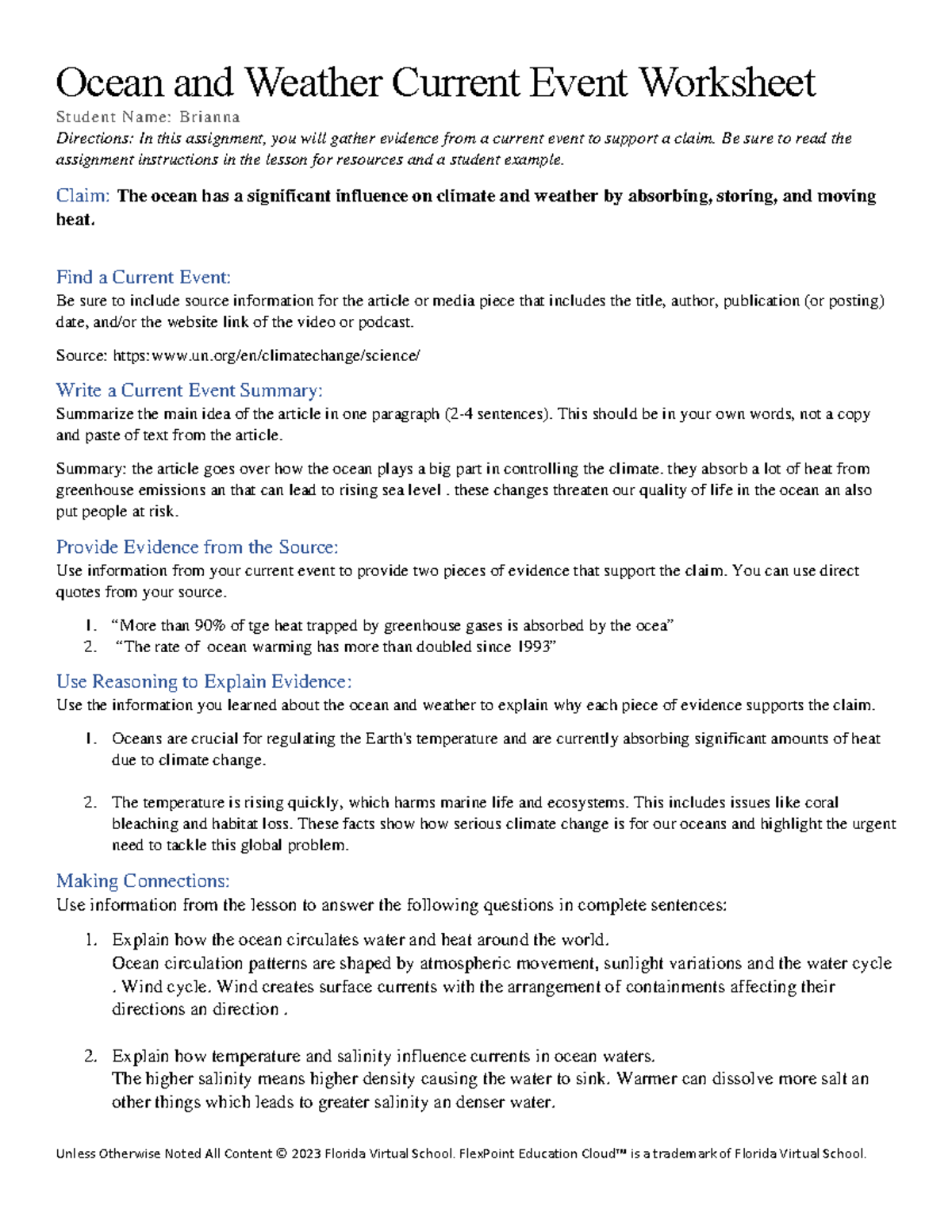 Ocean and Weather Current Event Worksheet - Impact on Climate - Studocu