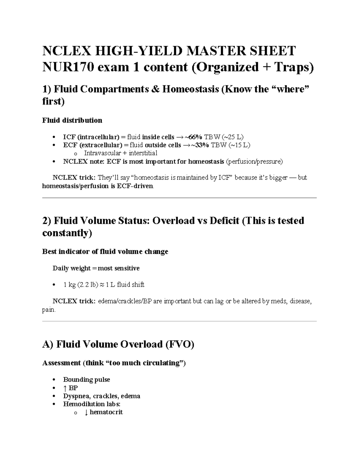NCLEX High-Yield Master Sheet for NUR170 Exam 1 Content - Studocu