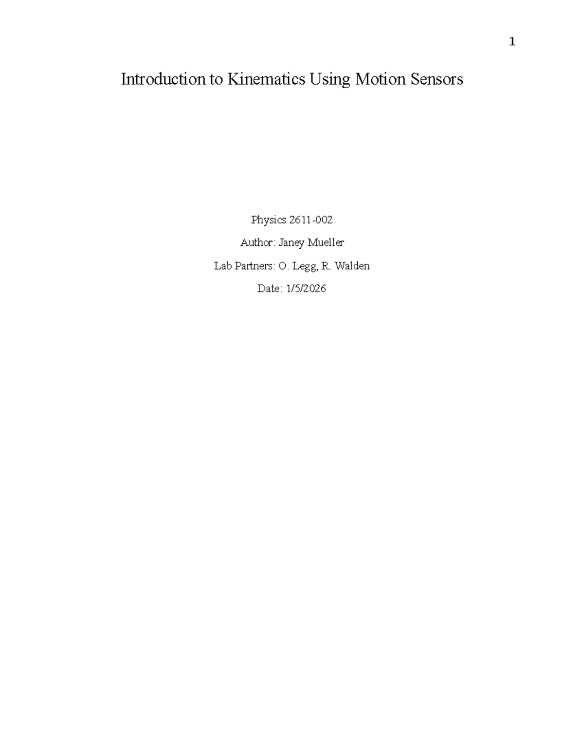 Physics 261 Lab 1: Kinematics and Motion Sensor Analysis - Studocu