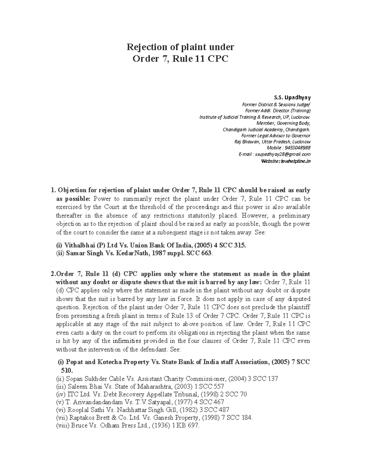Rejection of Plaint Under Order 7 Rule 11 CPC: Key Legal Insights - Studocu