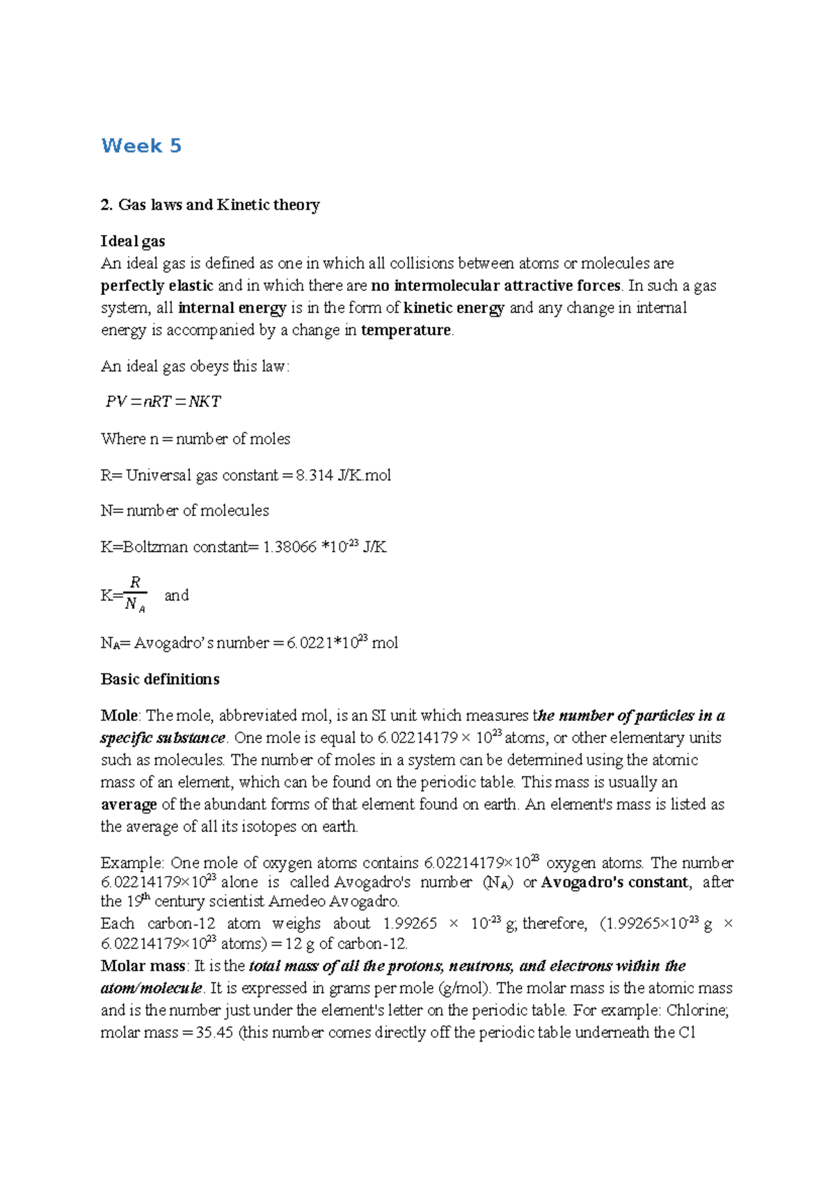 Gas Laws and Kinetic Theory: Week 5 Overview (Course Code: GAS 1) - Studocu
