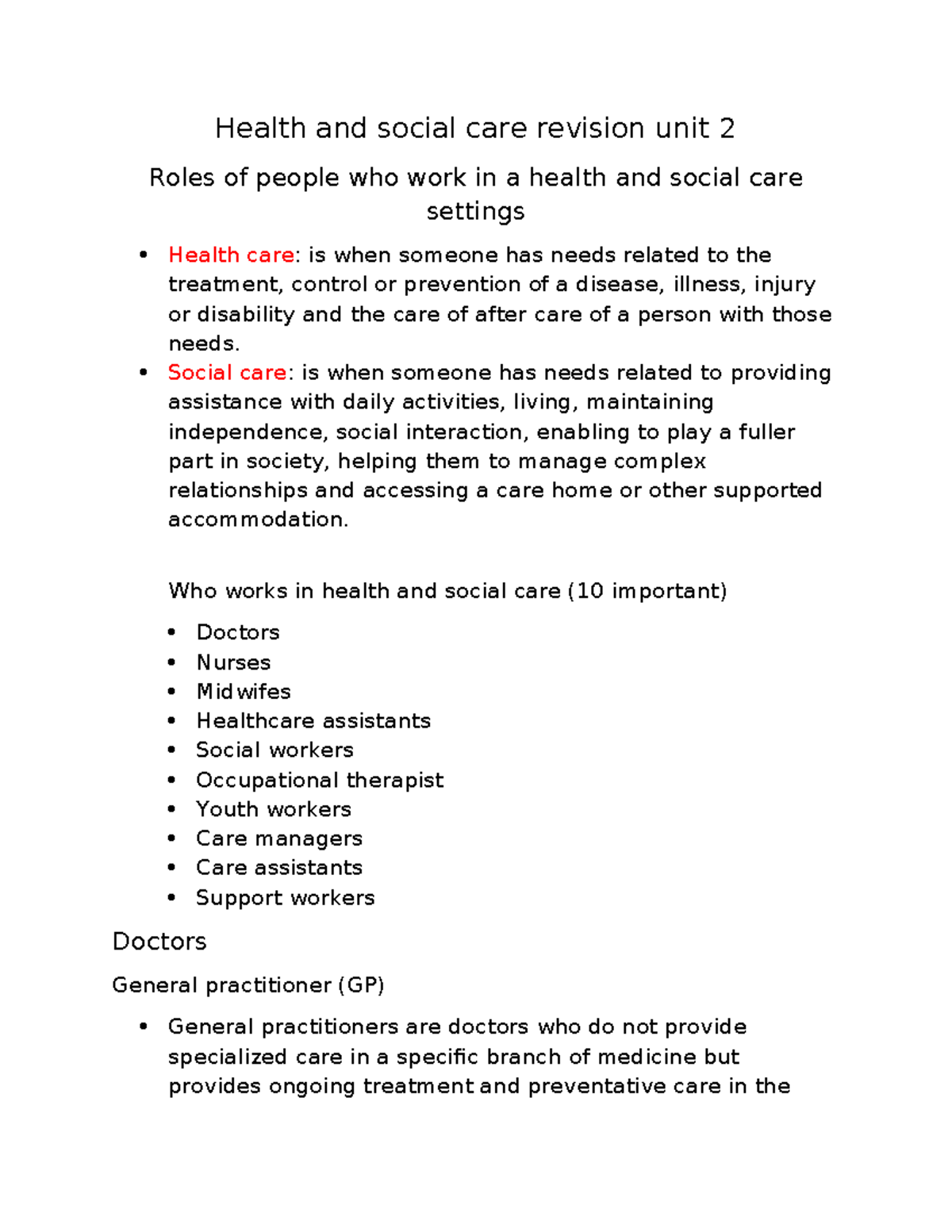Unit 2 Revision: Key Roles in Health and Social Care - Studocu