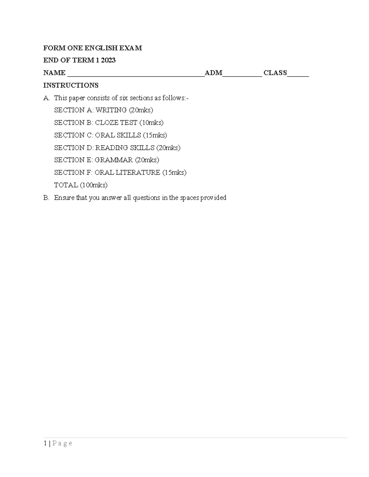 FORM ONE ENGLISH EXAM - Term 1 2023 Comprehensive Review - Studocu