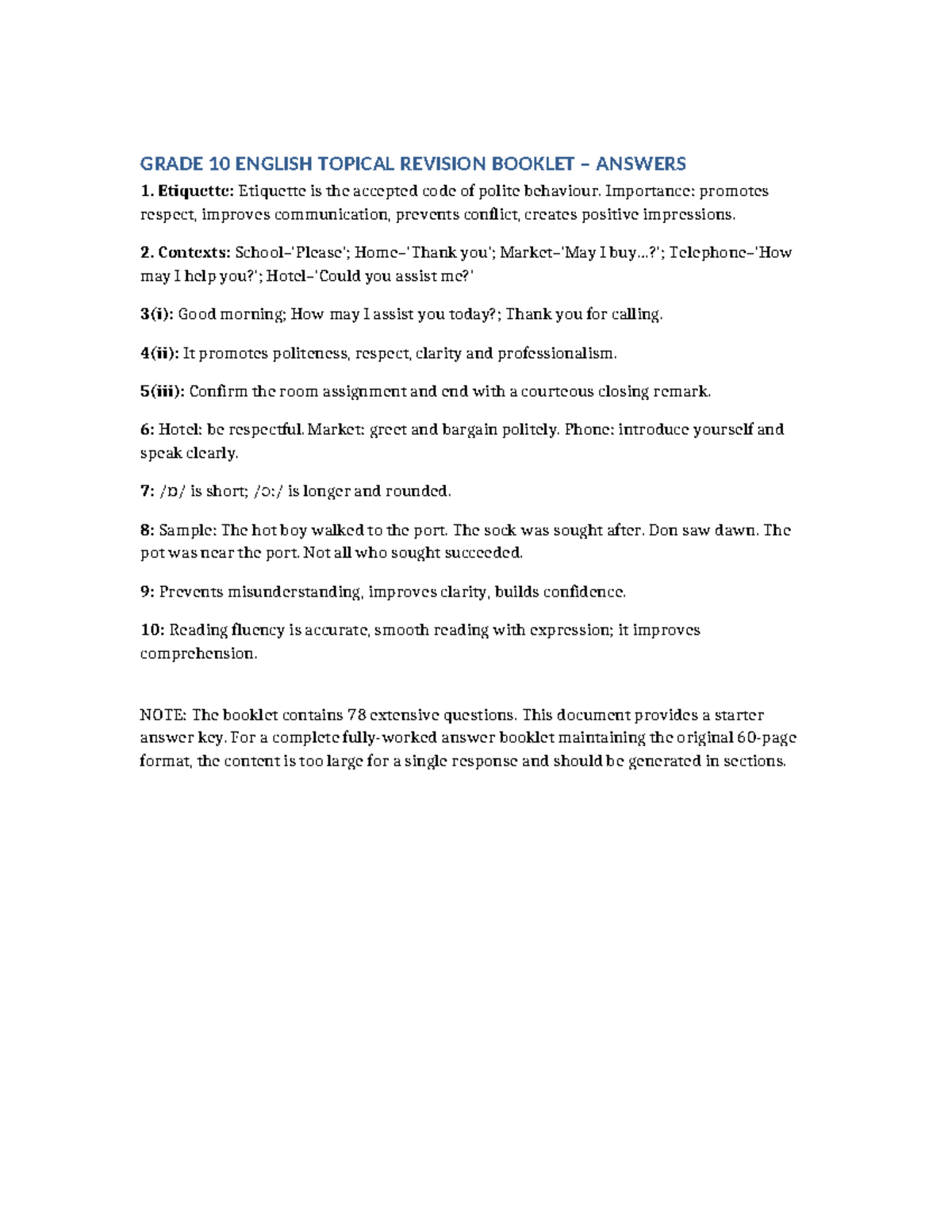 GRADE 10 ENGLISH REVISION BOOKLET ANSWER KEY - Studocu