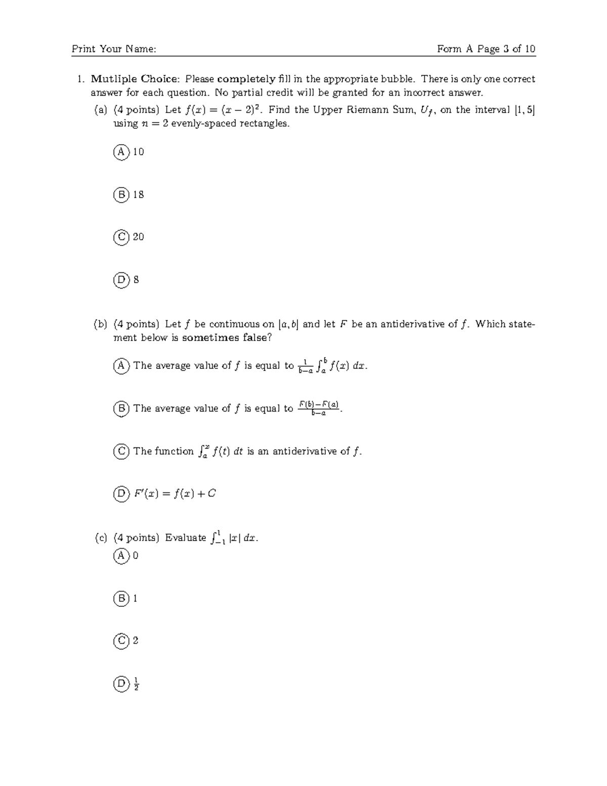 Test1 SP25 - Practice Exam: Riemann Sums & Integration - Studocu