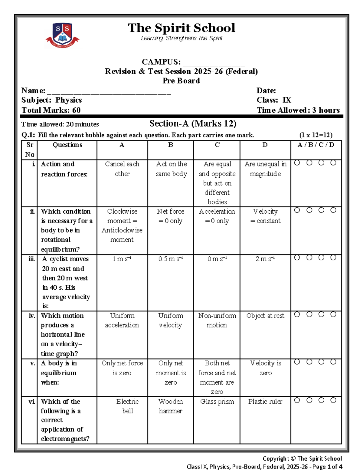Class IX Federal Physics Pre Board Revision & Test Session 2025-26 ...