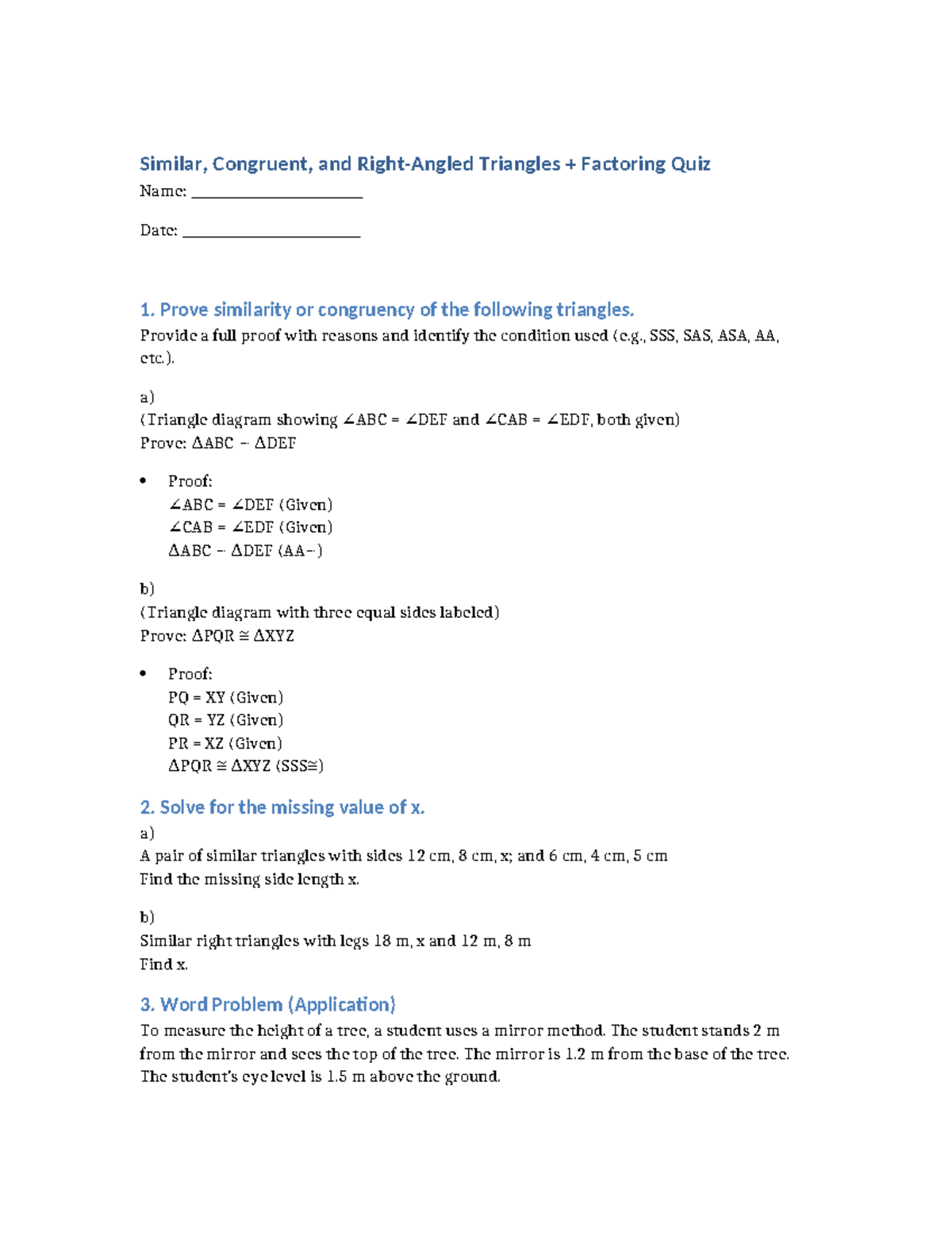 Similar Triangles Quiz 2: Proving Similarity & Solving for x - Studocu