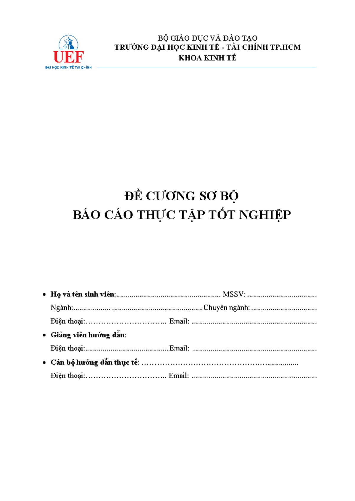 Đề Cương Sơ Bộ Báo Cáo Thực Tập Tốt Nghiệp - Kinh Tế Tài Chính - Studocu