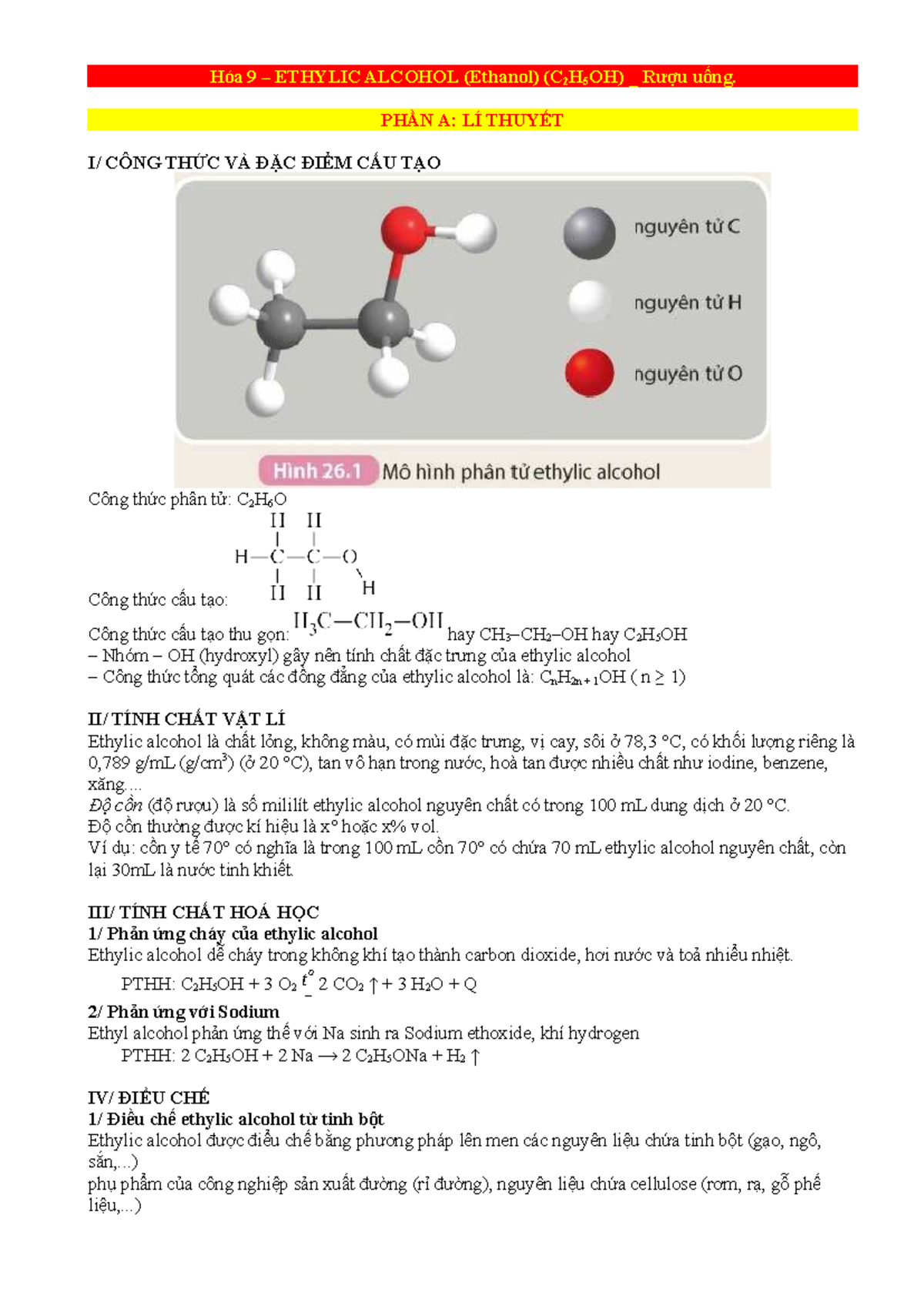 Hóa 9 - Bài 34: Ethylic Alcohol (C2H5OH) - Tính Chất và Ứng Dụng - Studocu
