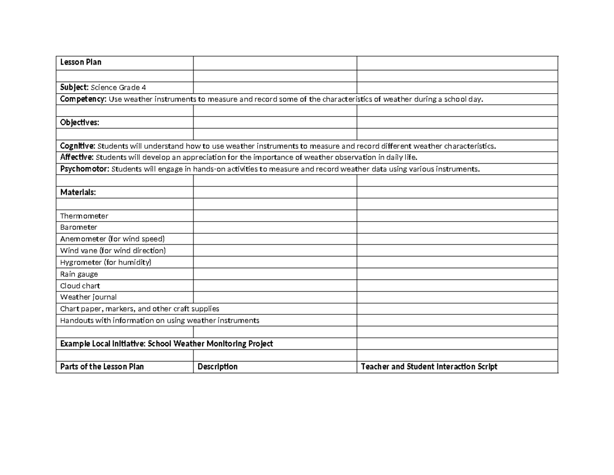 DLP 4 - Lesson Plan on Weather Instruments and Measurements - Studocu