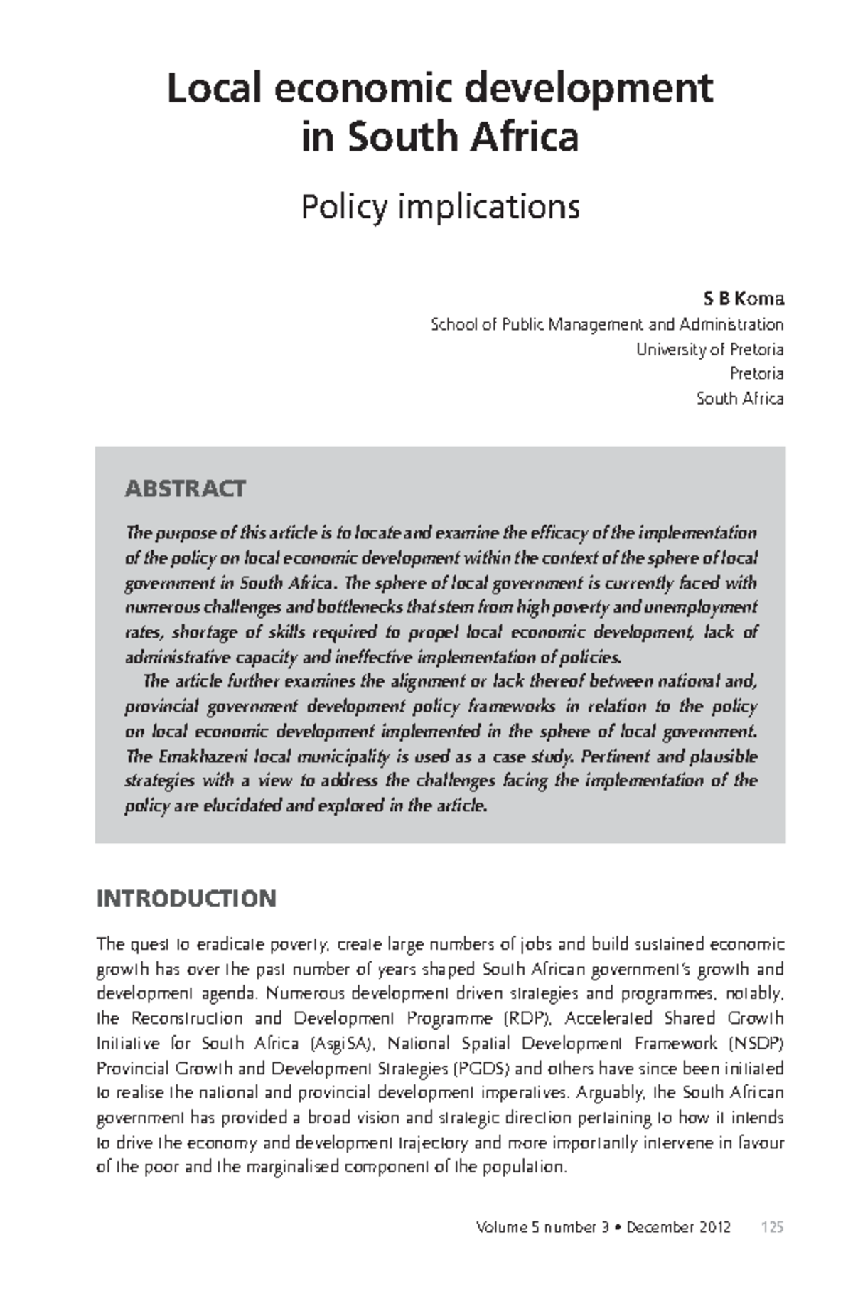 Local Economic Development Policy in South Africa: Implications and ...