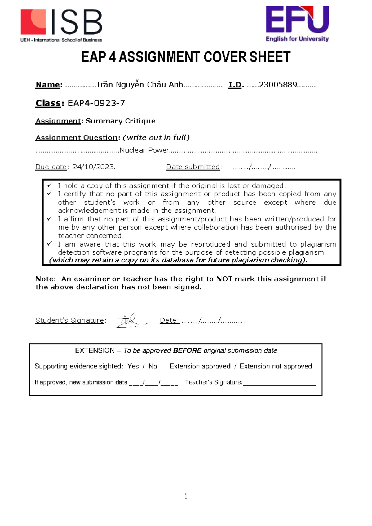 EAP4-0923-7 Summary Critique Tran Nguyen Chau Anh 23005889 - EAP 4 ...