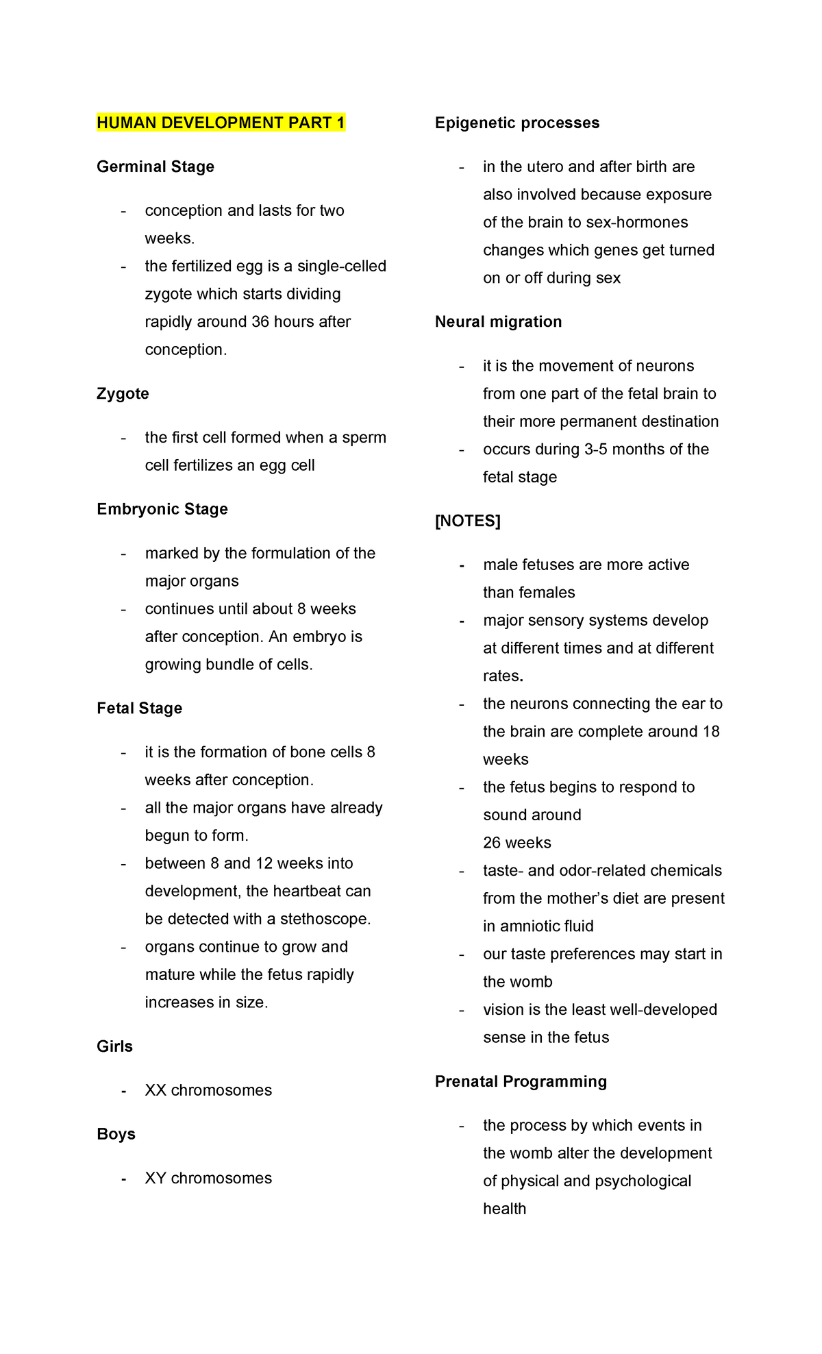 Human Development PART 1: Stages and Key Processes in Prenatal Growth ...