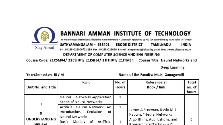 Neural Networks and Deep Learning (21ITM04) Lesson Plan - Studocu