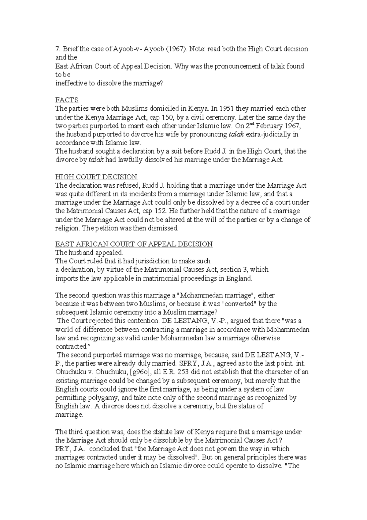 Case Brief: Ayoob (1967) - Talak's Ineffectiveness in Marriage ...