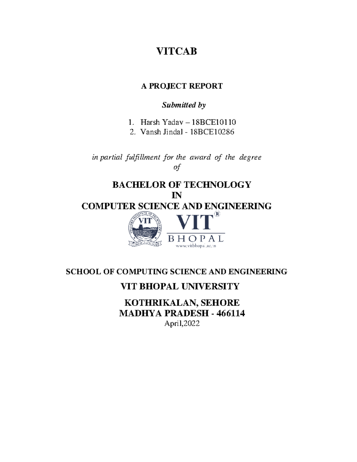 VITCAB Capstone Project Report - B.Tech in CSE at VIT Bhopal - Studocu