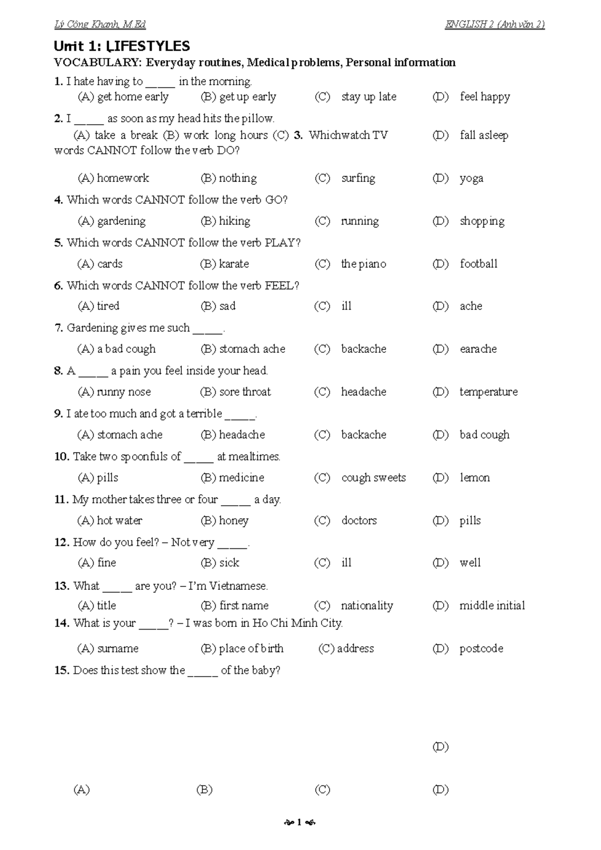 2022. ENGLISH 2 (Anh văn 2) - Vocabulary & Grammar Exercises Answers ...