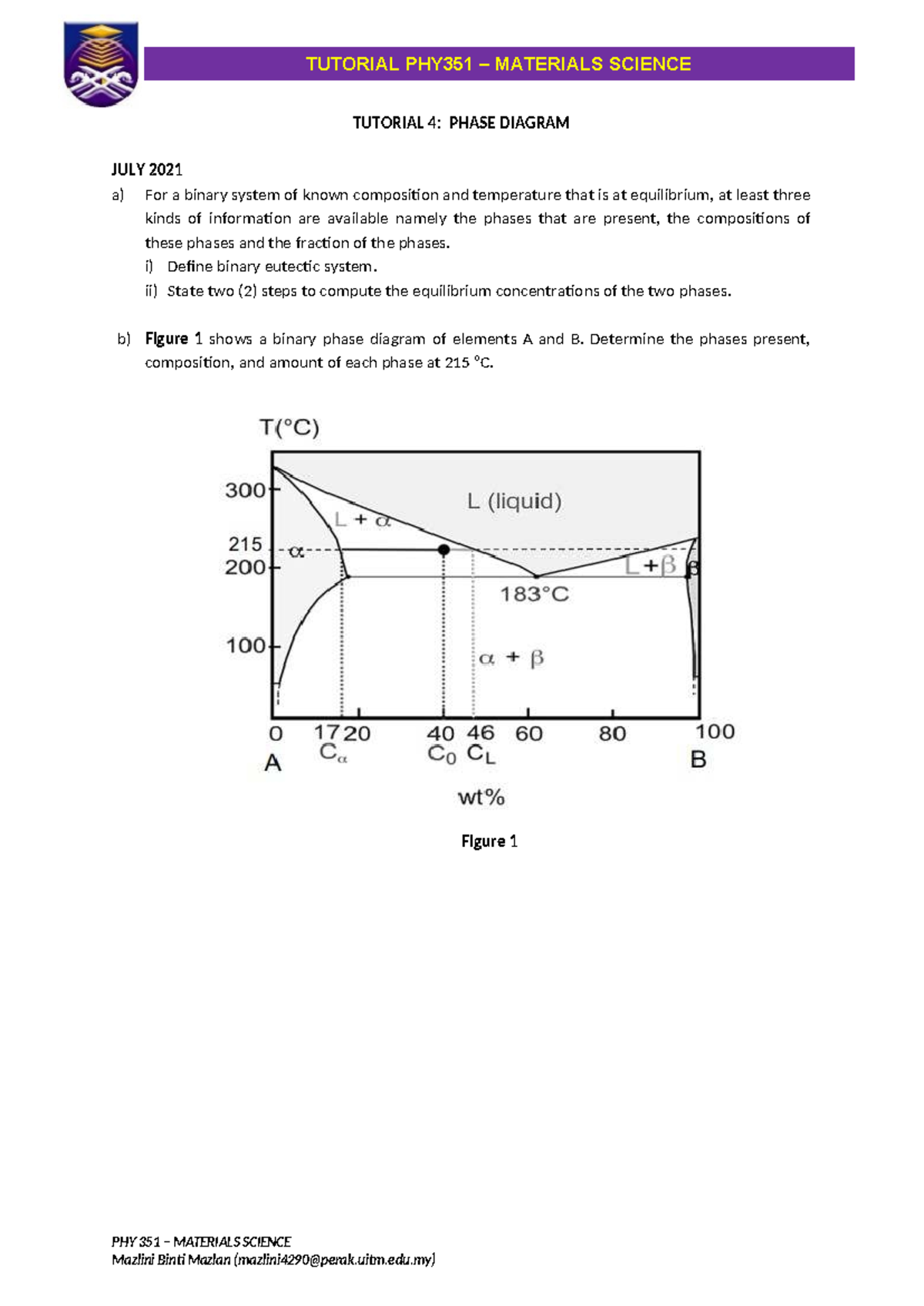 PHY351 Materials Science Tutorial 4: Phase Diagram Analysis - Studocu