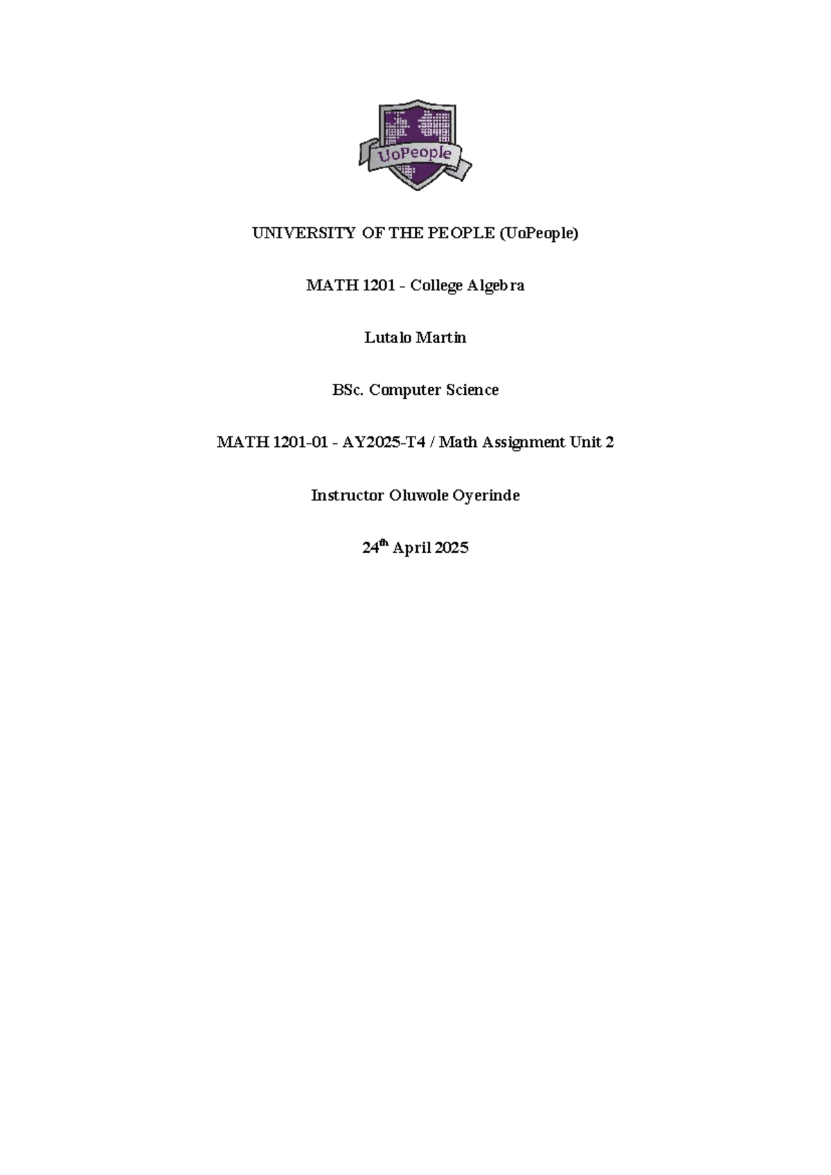 MATH 1201 College Algebra Assignment Unit 2: Functions ...