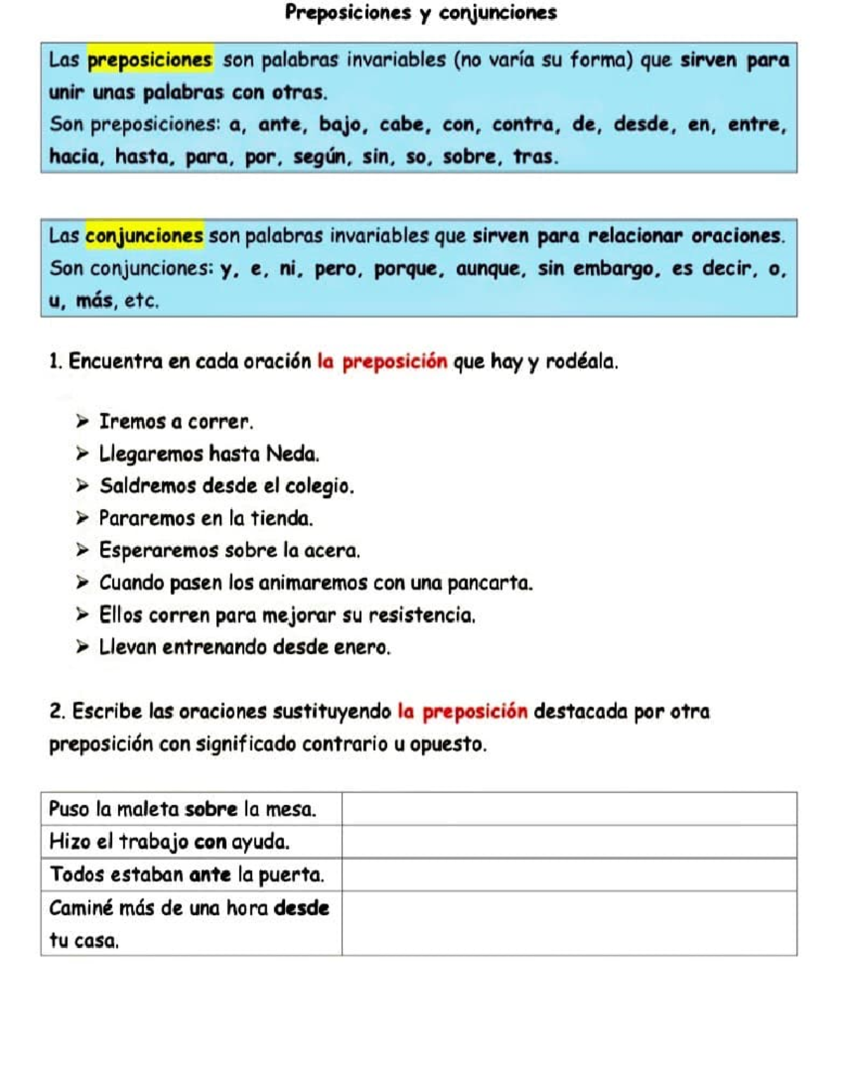 Preposiciones y Conjunciones: Ejercicios y Actividades - Studocu