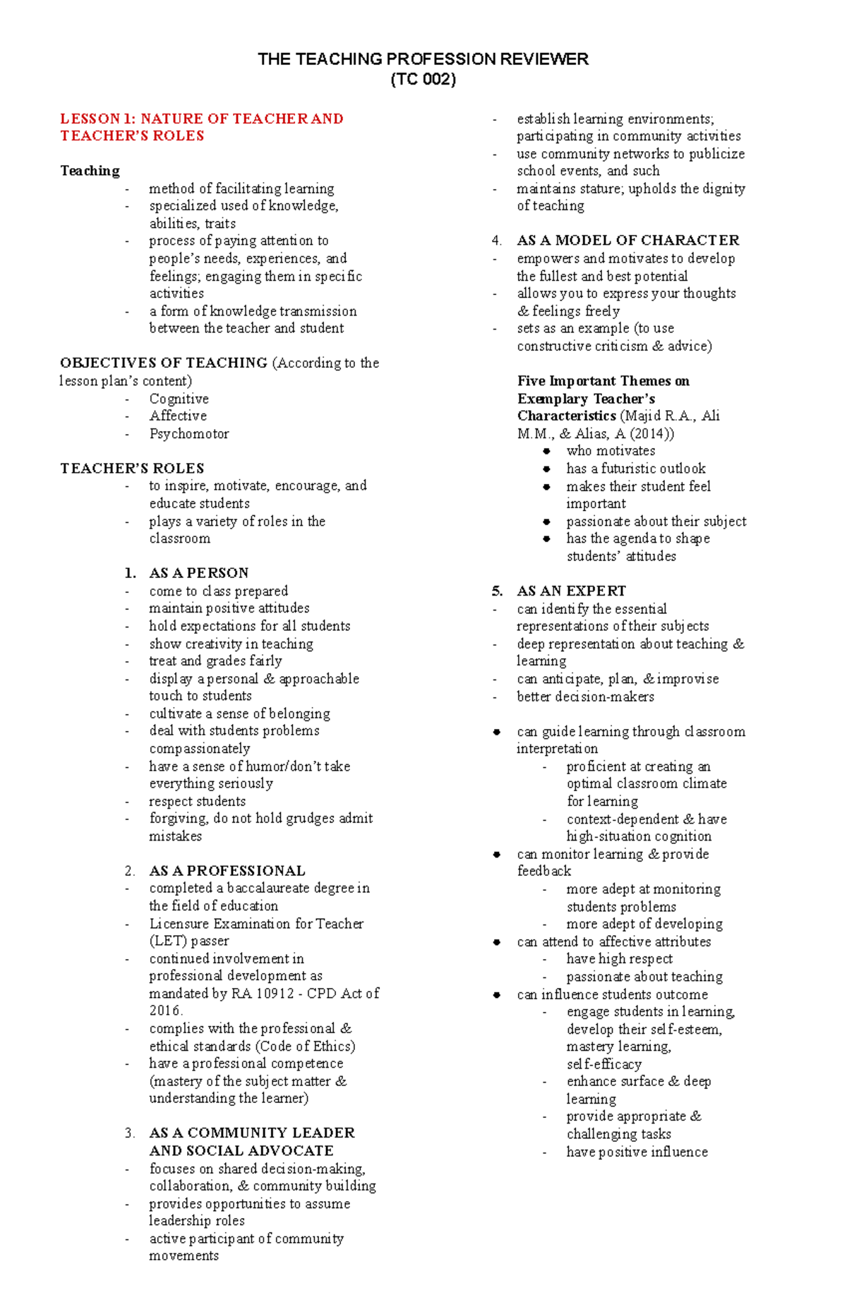 TC 002 Teaching Profession Reviewer: Lessons on Teacher Roles ...