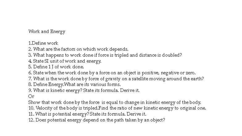 Work and Energy Concepts: Practice Questions and Definitions - Studocu