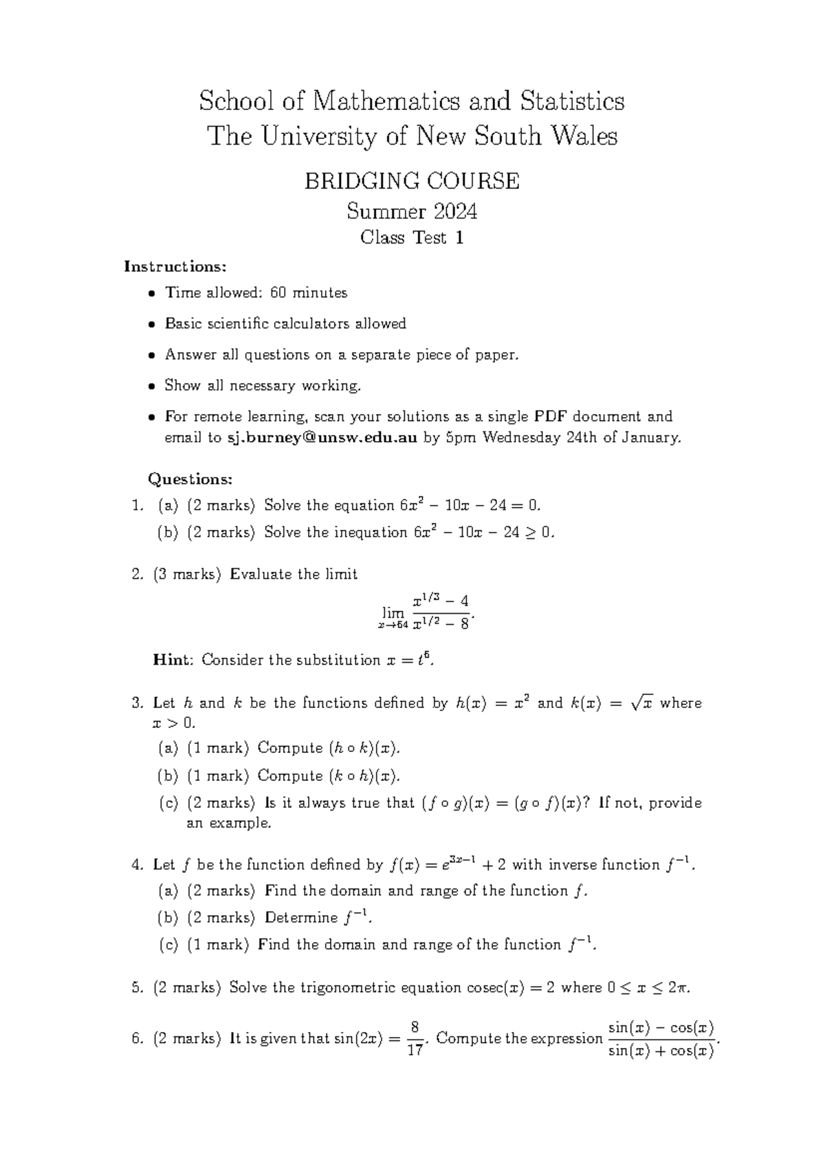 Bridging Course MATH101 Class Test 1 - Summer 2024 Instructions - Studocu