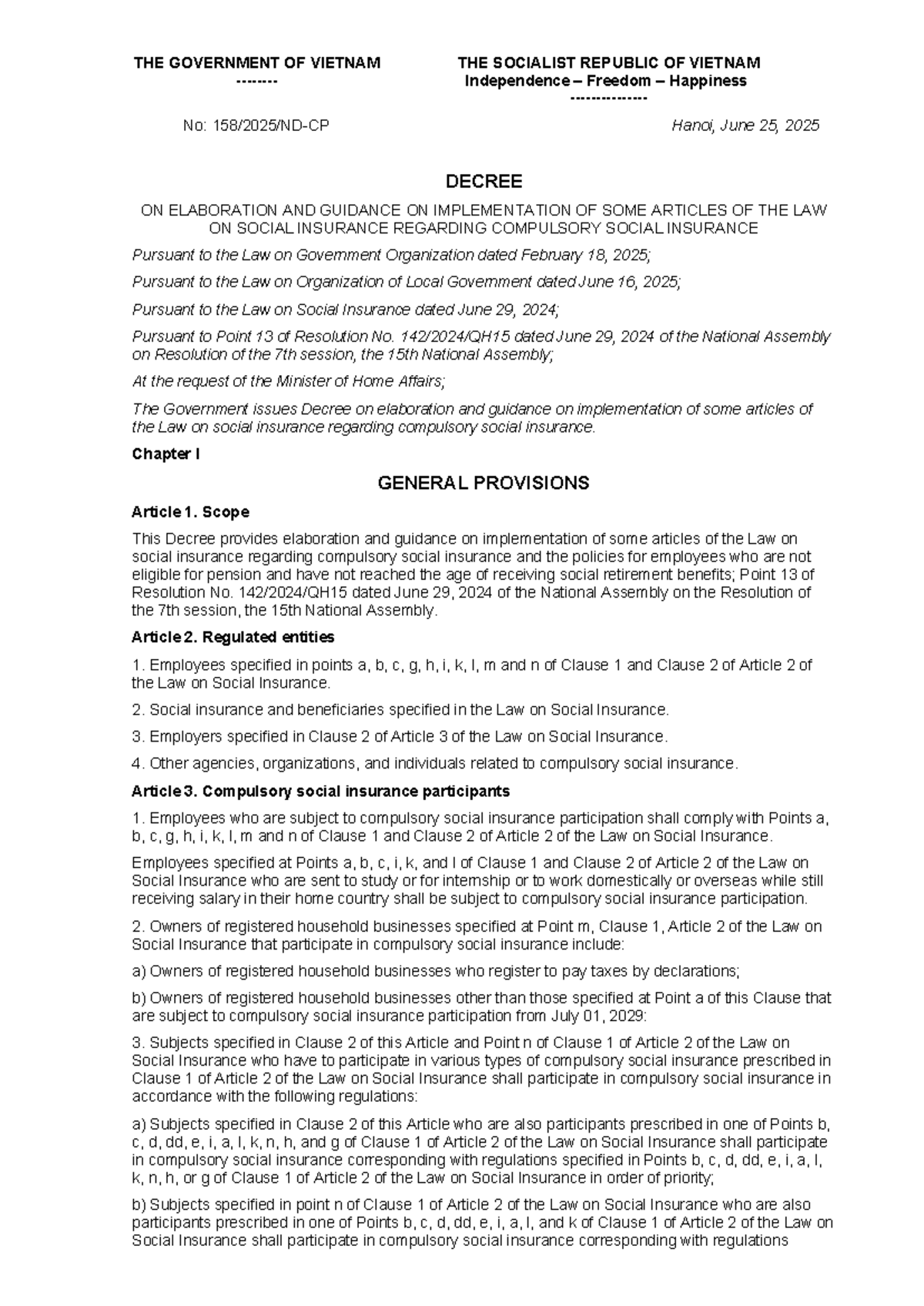 Decree 158/2025/ND-CP: Guidelines on Compulsory Social Insurance ...