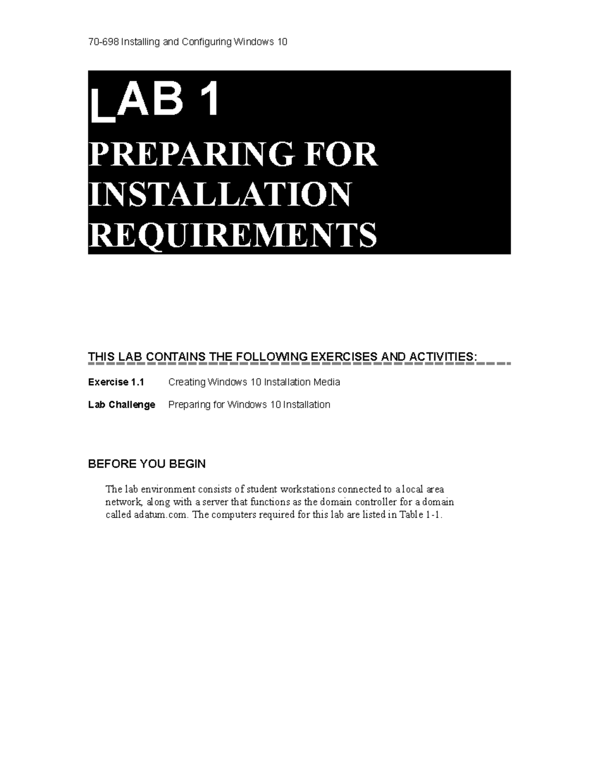 Lab01 worksheet - Lab 1 - L AB 1 PREPARING FOR INSTALLATION ...