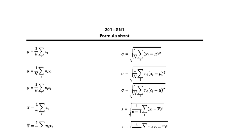 201 SN1 Probability Formula Sheet and Key Concepts - Studocu